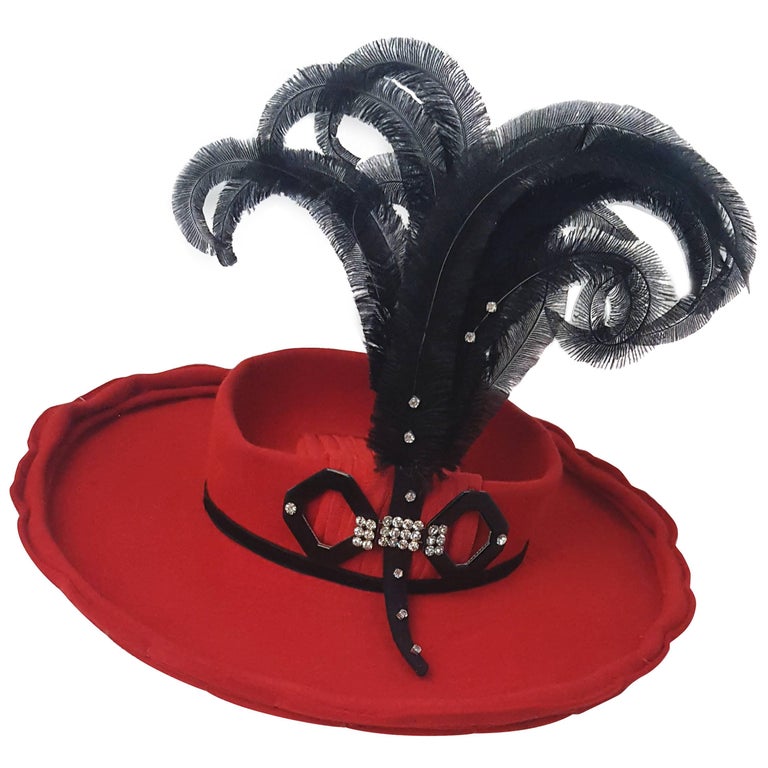 40s Red Felt Toy Fashion Hat with Hand Curled Feathers at 1stDibs