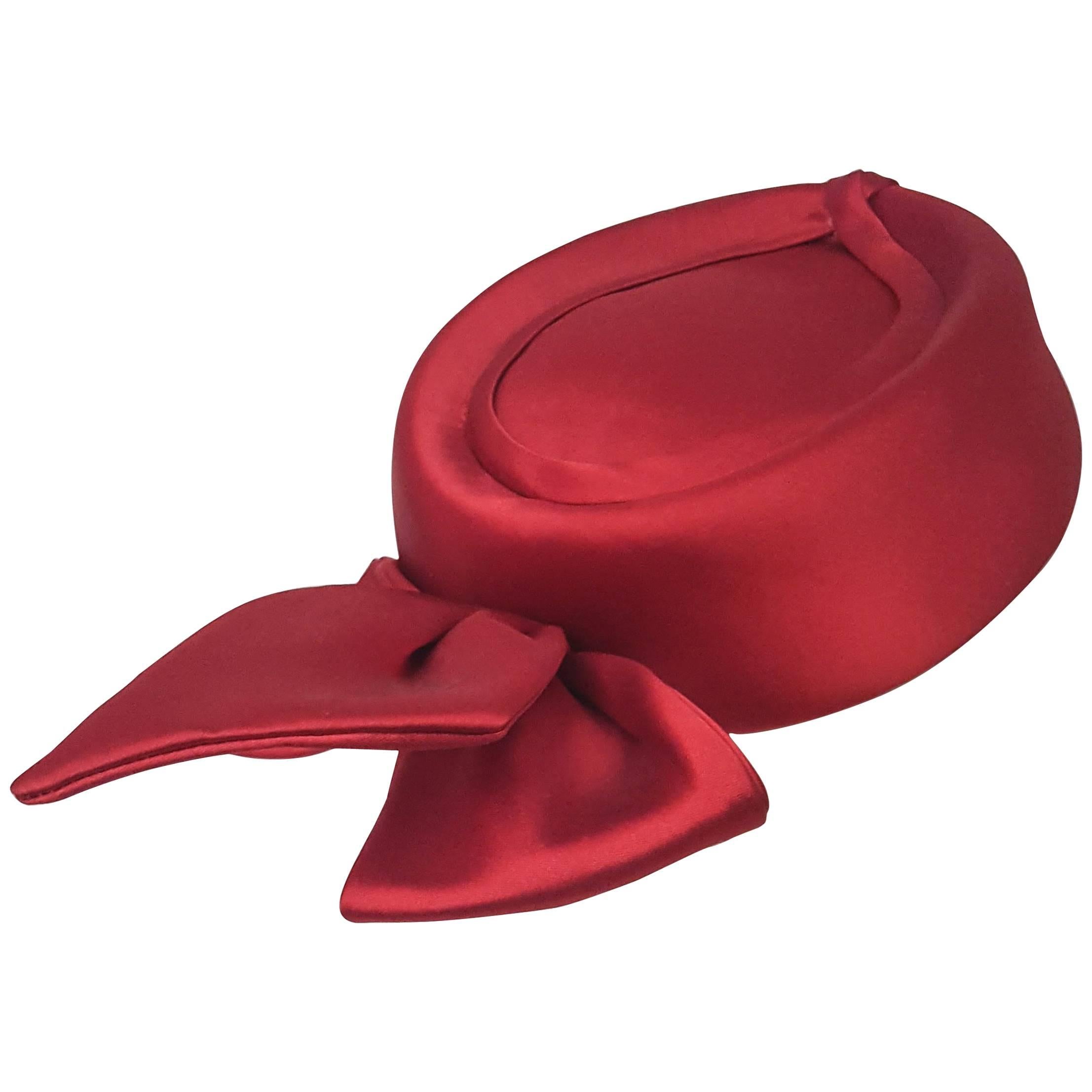 50s Cranberry Satin Bow Pill Box Fashion Hat at 1stDibs