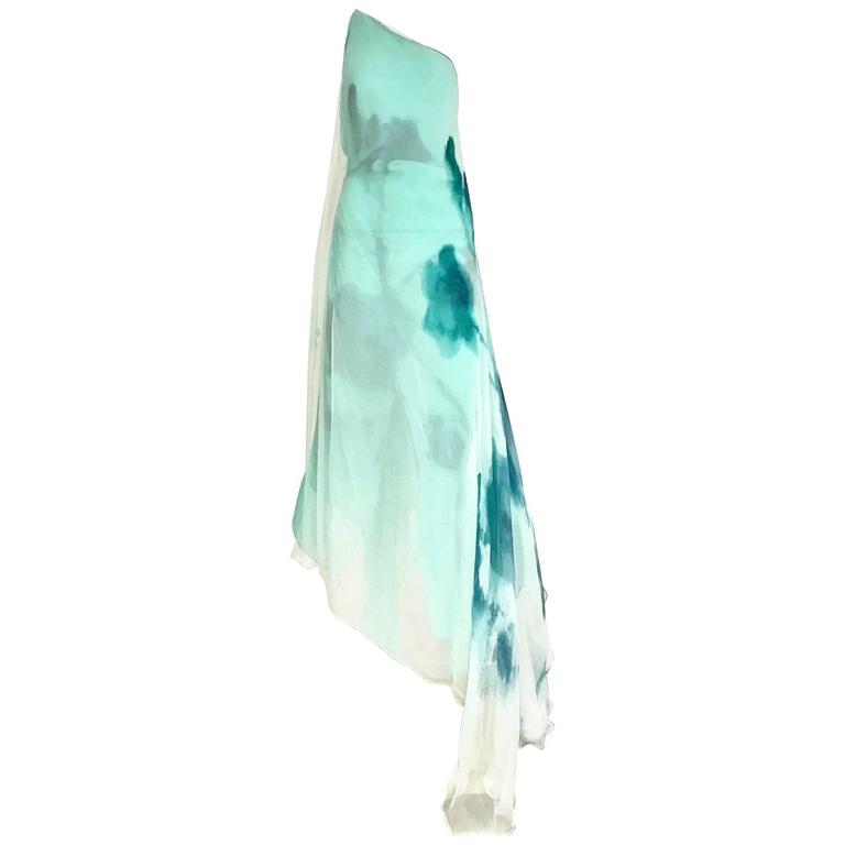 Donna Karan Minty Green Ombre Silk Chiffon Asymetrical Dress For Sale At 1stdibs