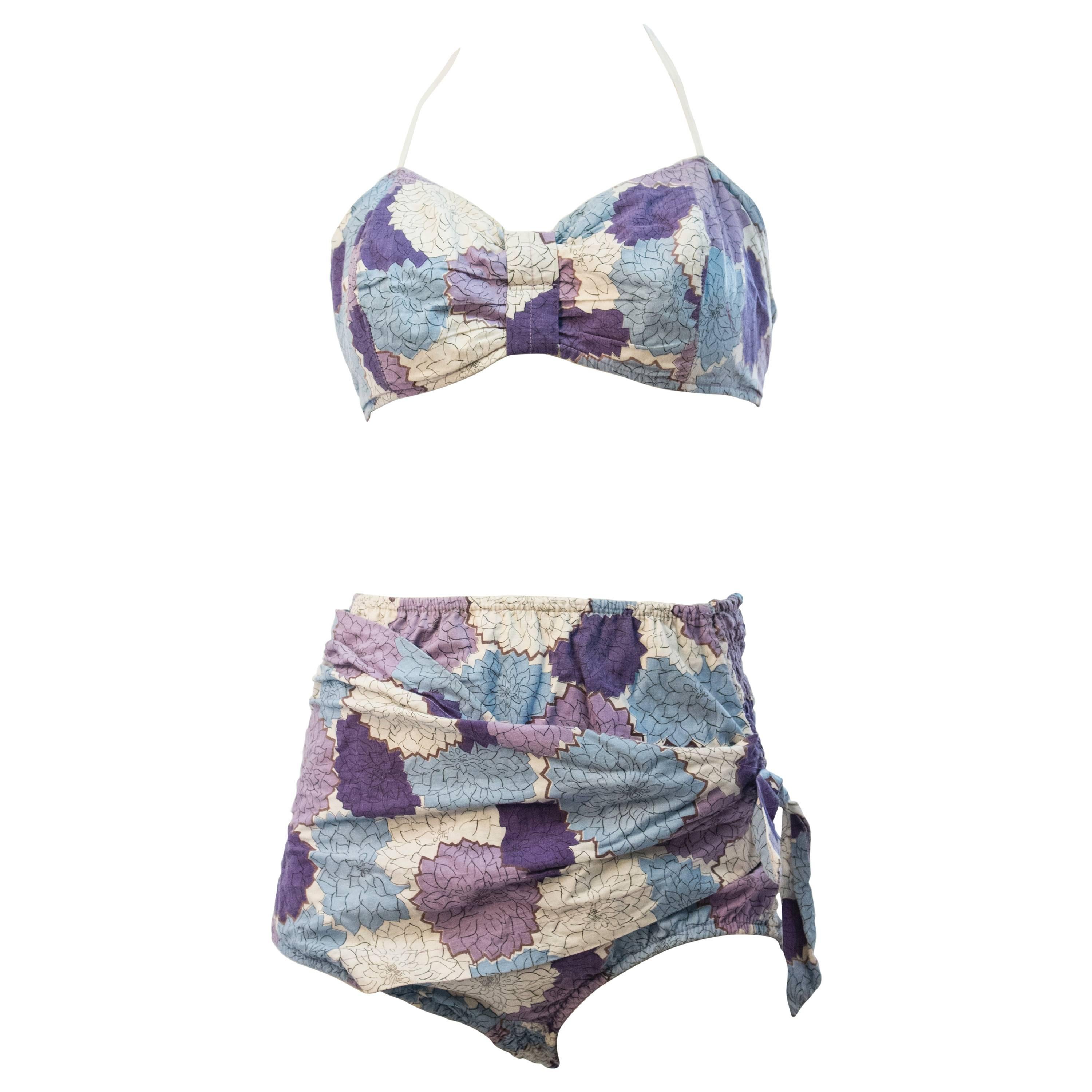50s Two Piece Cotton Floral Swimsuit at 1stDibs