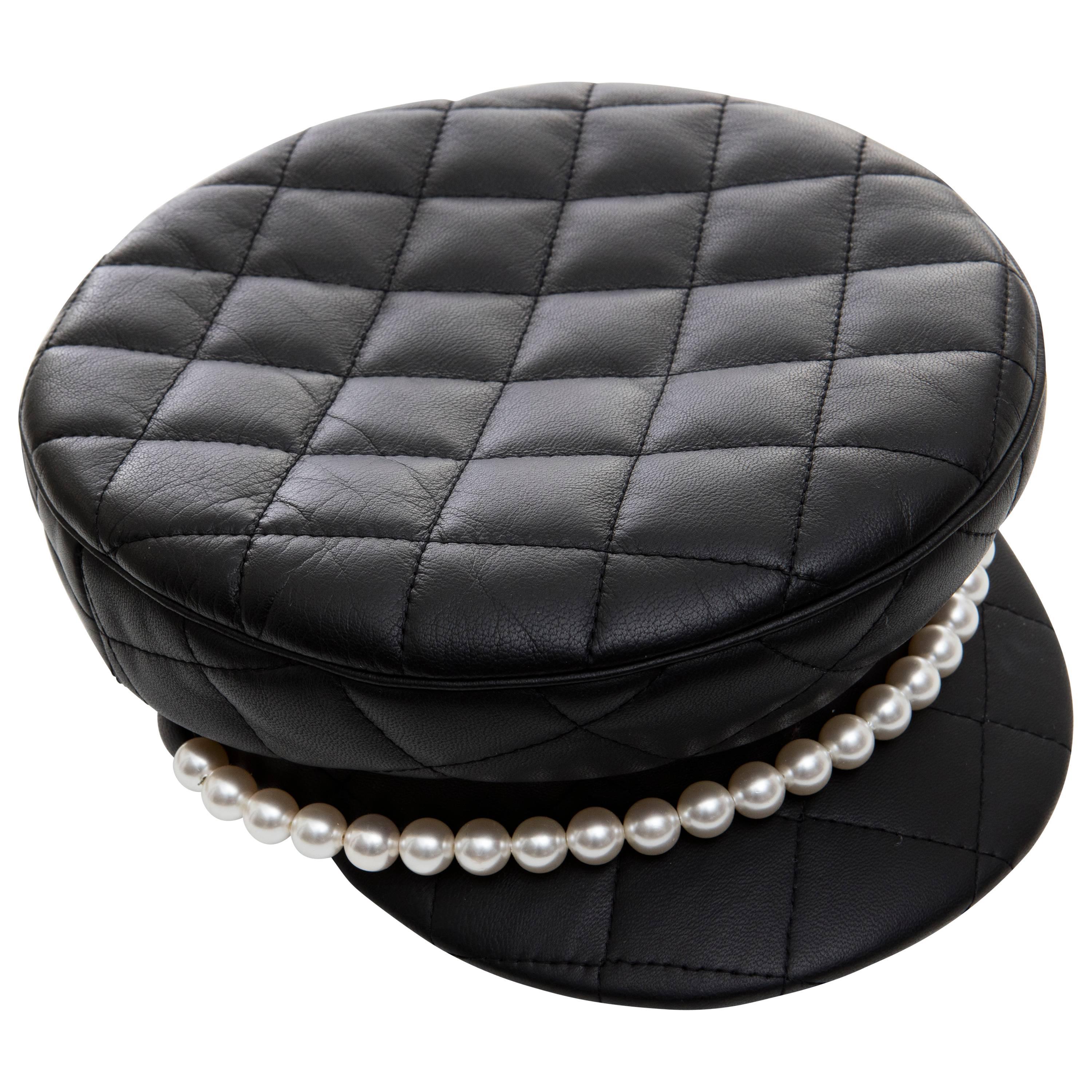 Jeremy Scott For Moschino Couture Black Quilted Leather Biker Hat, Fall ...