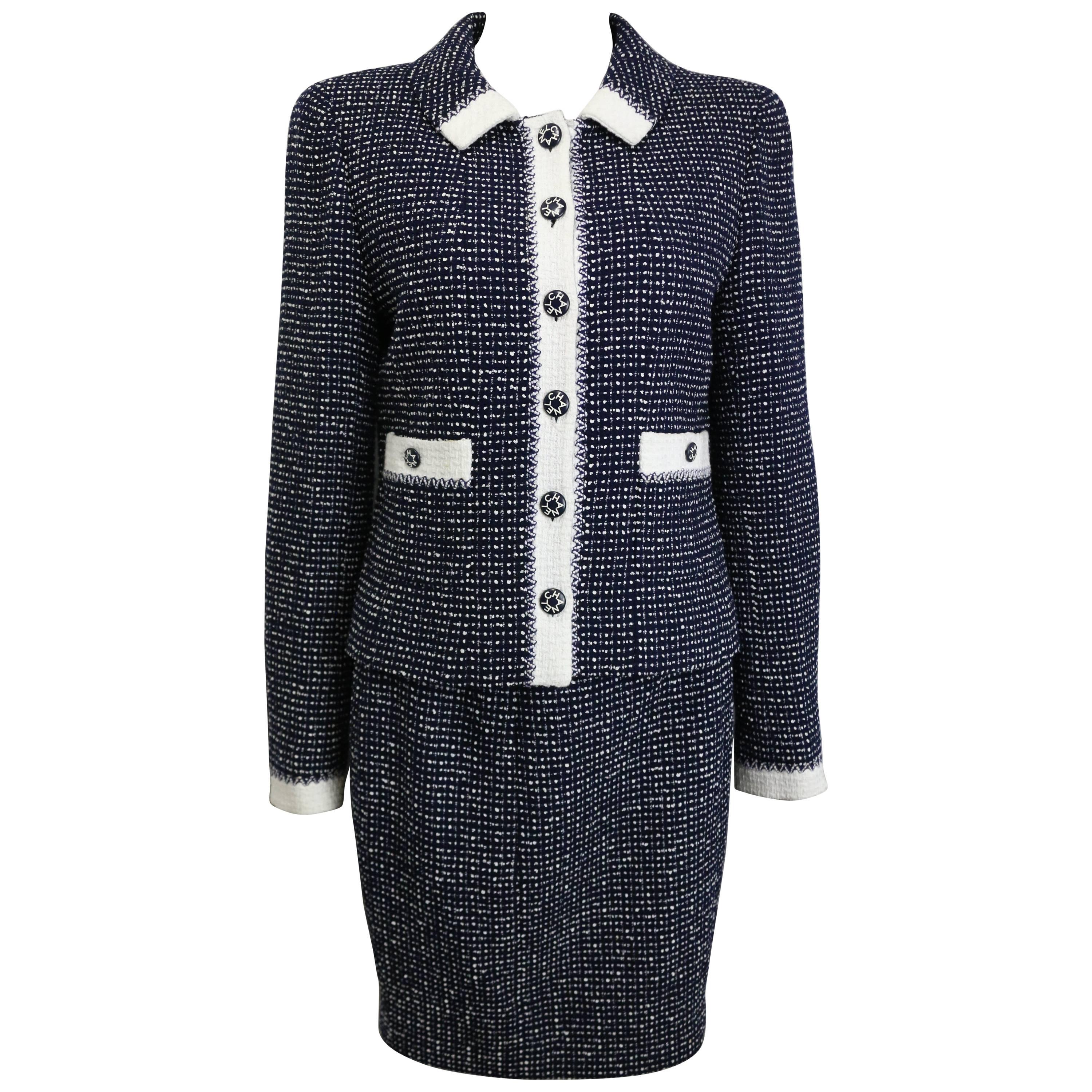 Chanel White and Navy Tweed Jacket and Skirt Ensemble at 1stDibs ...