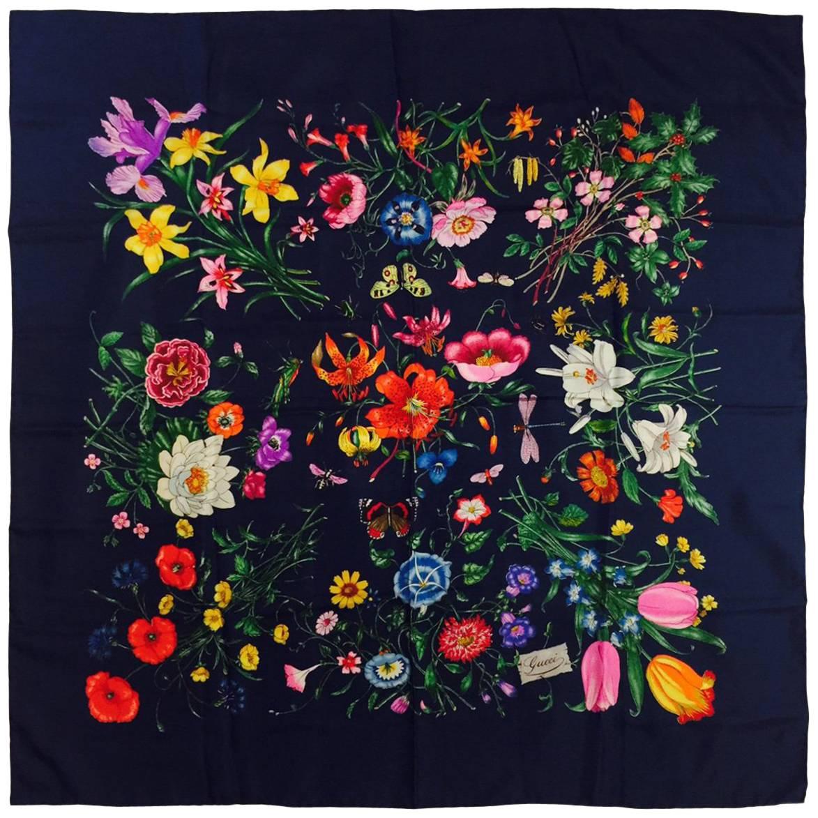Gucci Navy Silk Twill Scarf With Garden Floral Motif at 1stDibs | gucci ...