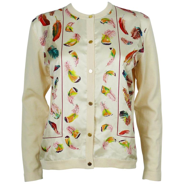 Hermès Vintage Feather Print Silk and Wool Cardigan Sweater For Sale at ...