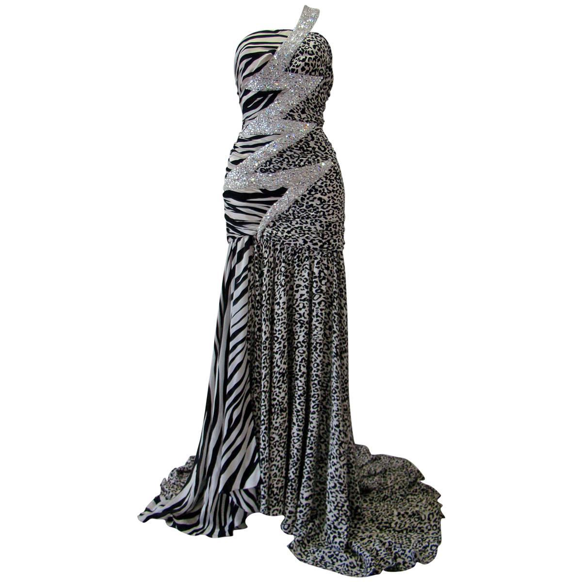 Pierre Balmain Leopard And Zebra Print Silk Evening Gown For Sale at ...
