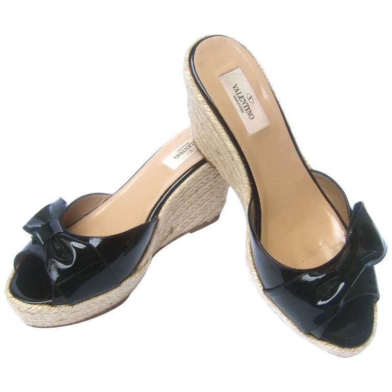 Valentino Italy Black Patent Leather Wedge Rope Sandals Size 40 at ...