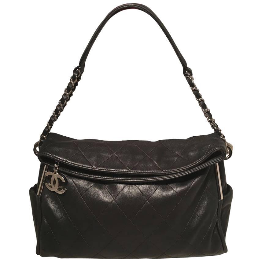 Chanel Quilted Black Leather Fold Over Top Flap Shoulder Bag For Sale ...