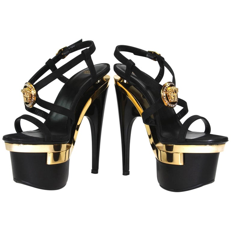 New Versace Gold Black Triple Platform Swarovski Crystals Medusa Shoes ...