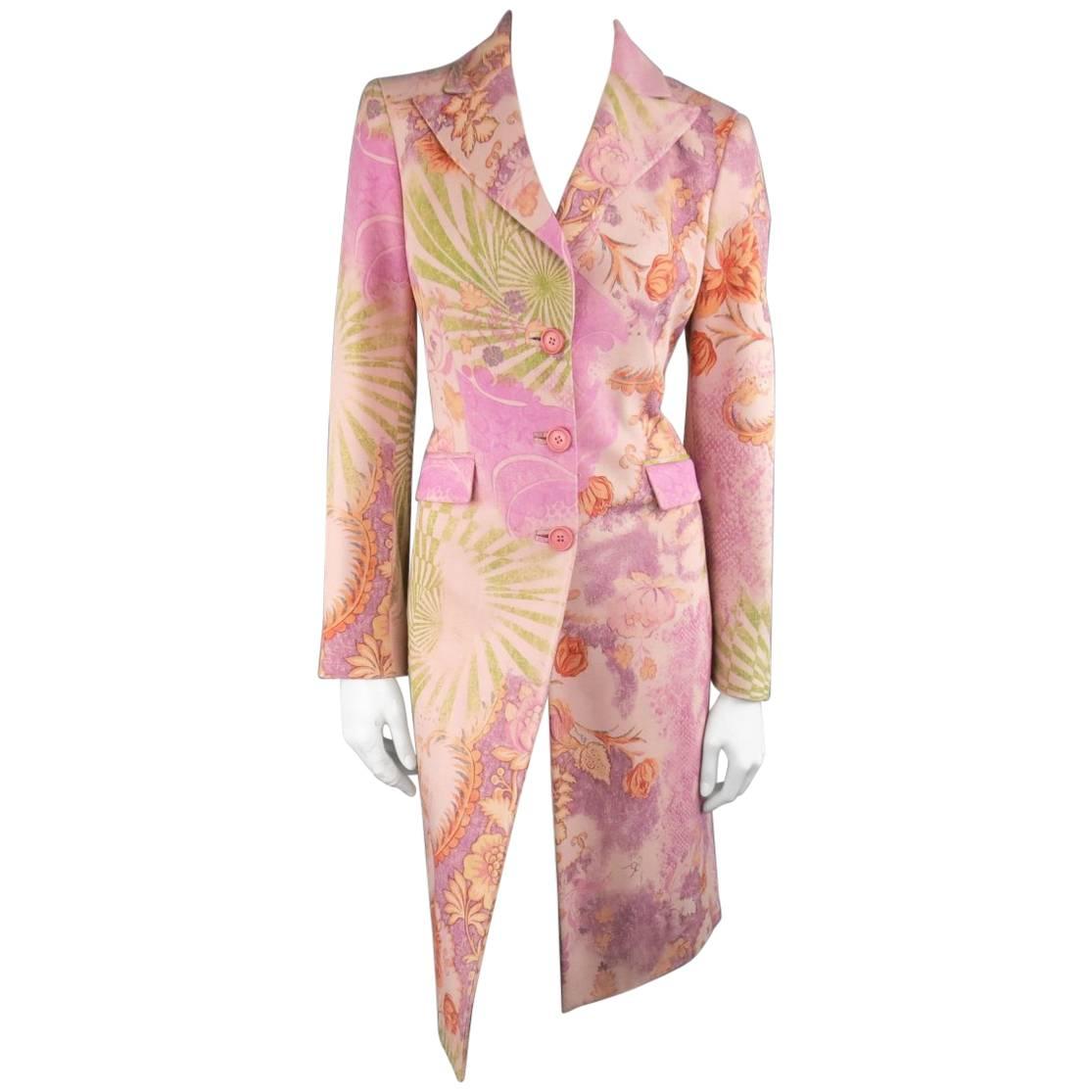 ETRO Size 8 Pink Orange Green and Purple Brocade Snake Print Silk Coat ...