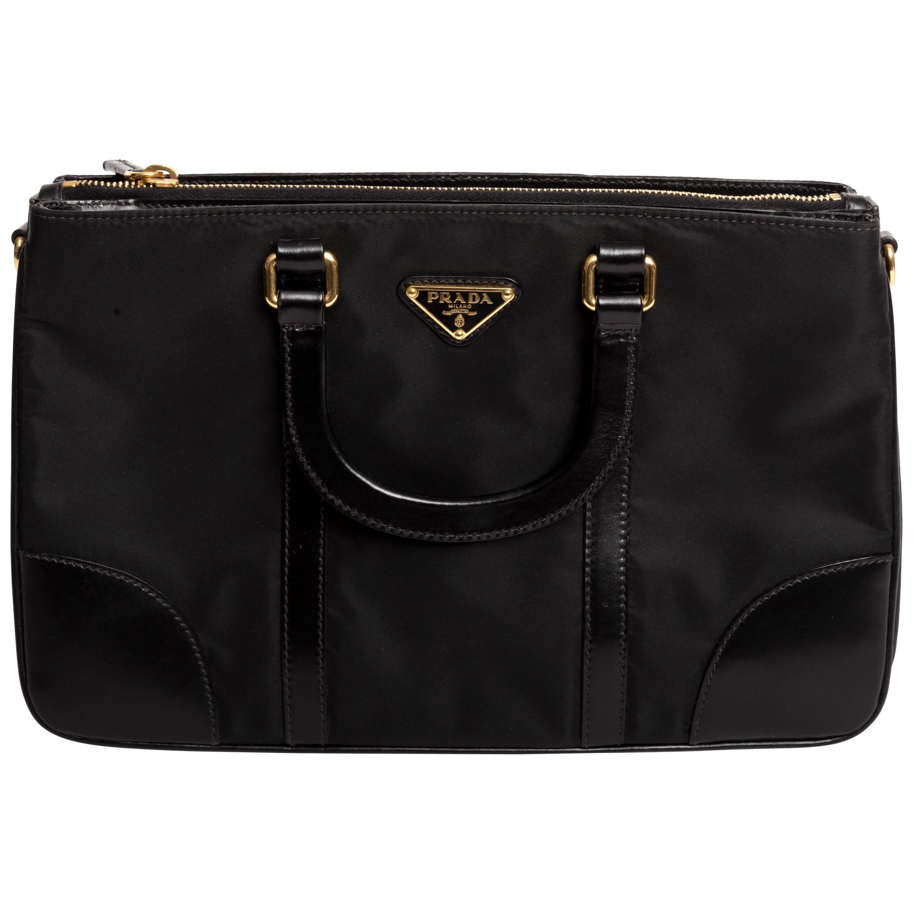 Prada Nylon Bag with Black Leather Top Handles and Strap at 1stDibs