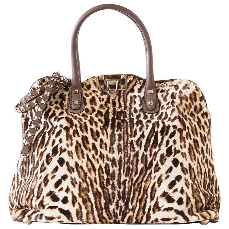 VALENTINO Garavani Cavallino Rockstud Dome Satchel Animal Leopard Print ...