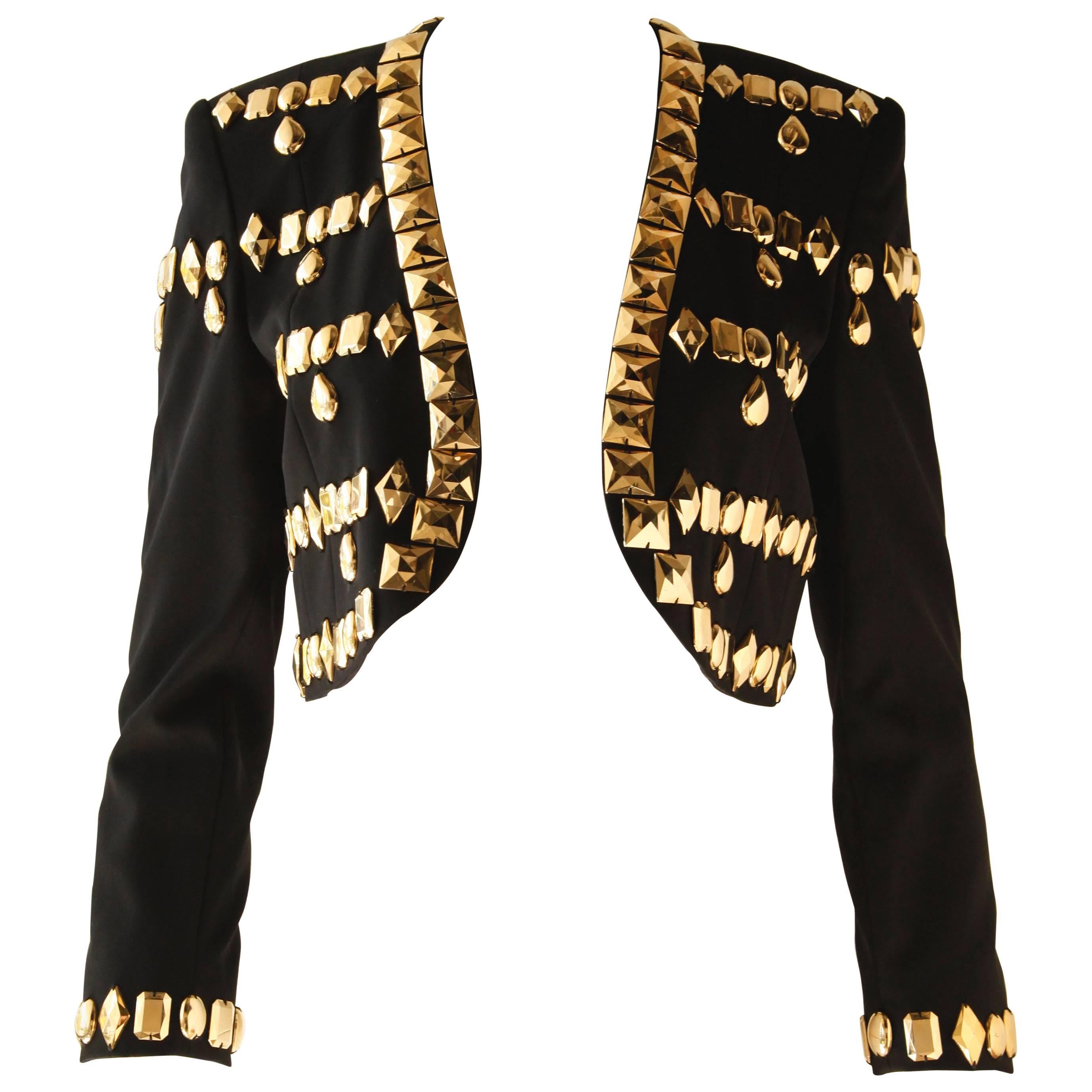 1980s Vintage Escada Metallic Gold Stud Embellished Black Wool Jacket ...