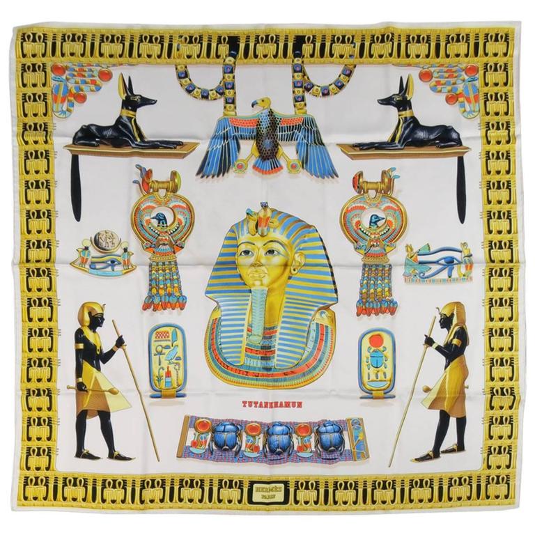 HERMES Cream and Gold Egyptian King Tut Print Silk Tutankhamun Scarf at ...