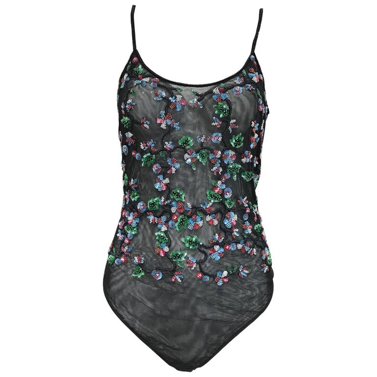 GIORGIO ARMANI Multi Color Beaded Floral Mesh body suit/ swimsuit at ...