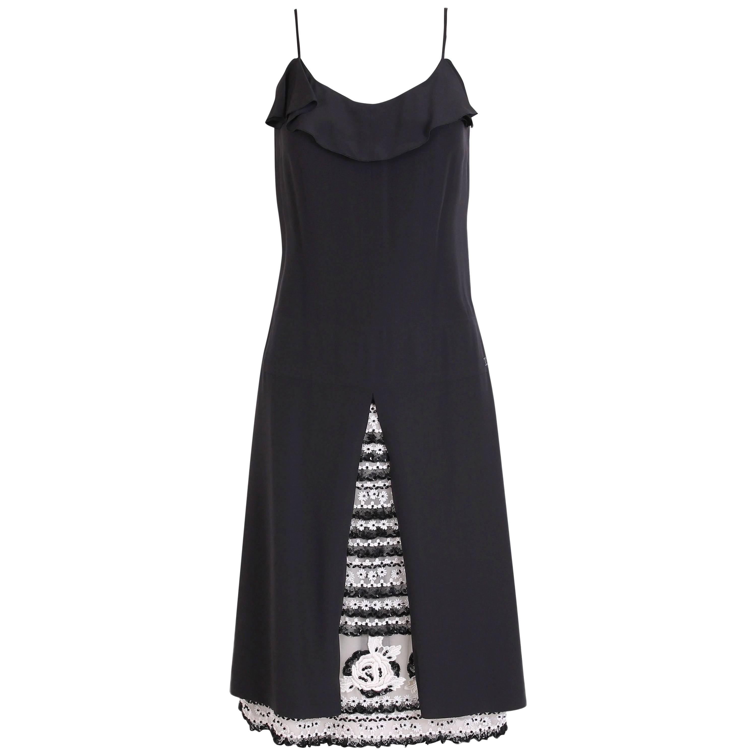 2001 Chanel Black Silk Cocktail Dress w/Lesage Beading, Lace and ...