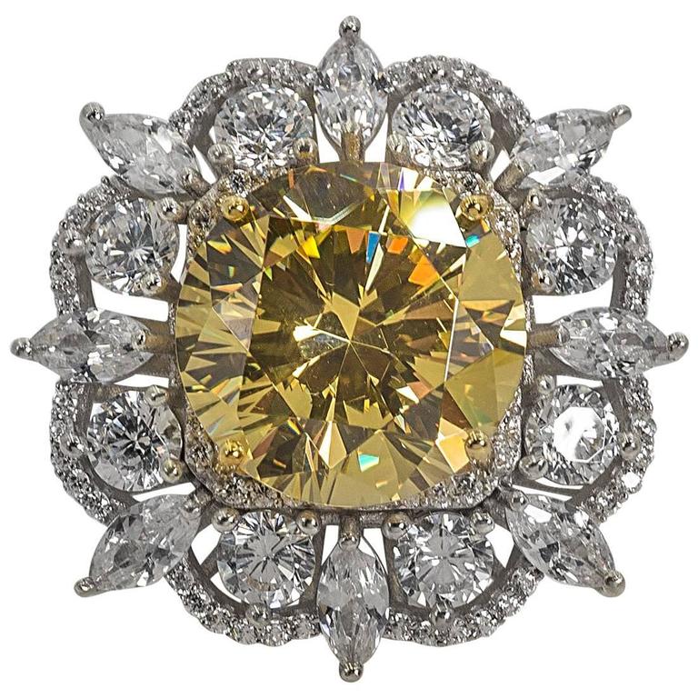 15 Carat Fancy Intense Canary Yellow Faux Diamond Cocktail Sterling ...