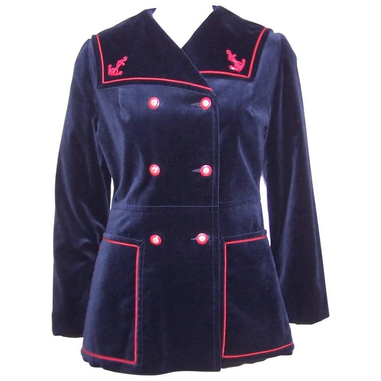 1960's Blue Velveteen Sailor Jacket With Red Trim For Sale at 1stdibs
