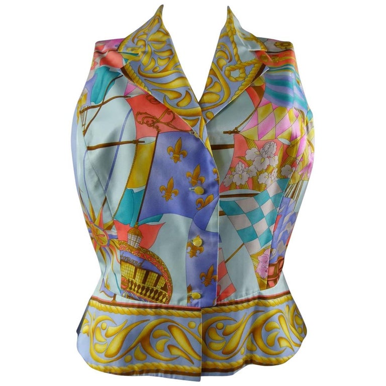 Léonard marine motif Sleeveless Silk Top with Gold Pearl Buttons, c ...