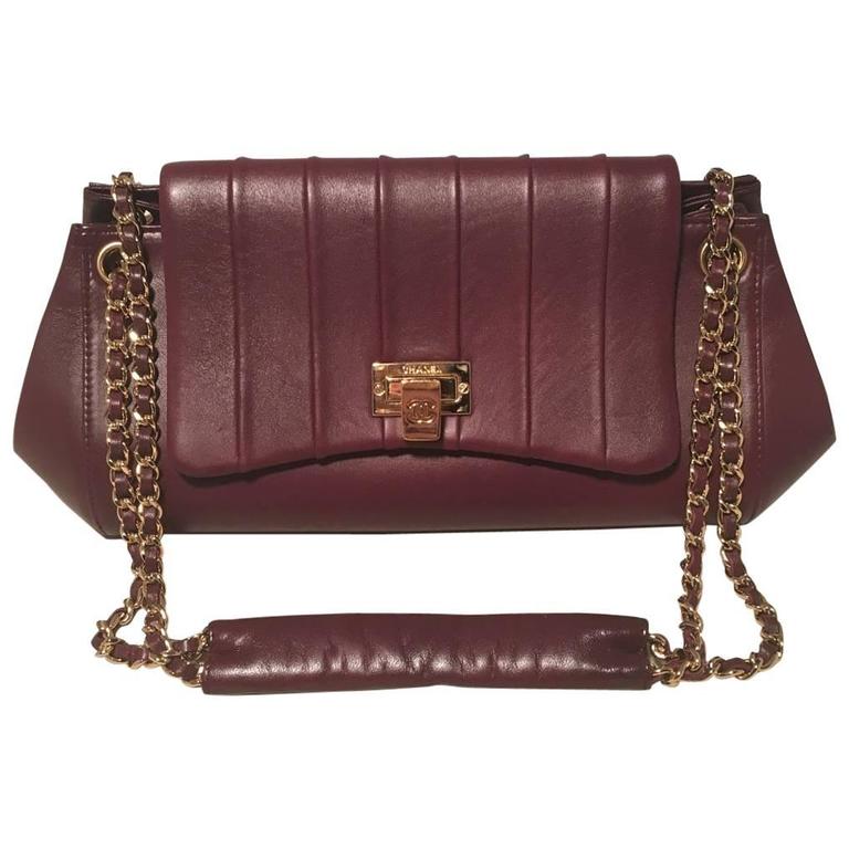 Chanel Maroon Leather Pleated Top Flap Classic Handbag For Sale at 1stDibs