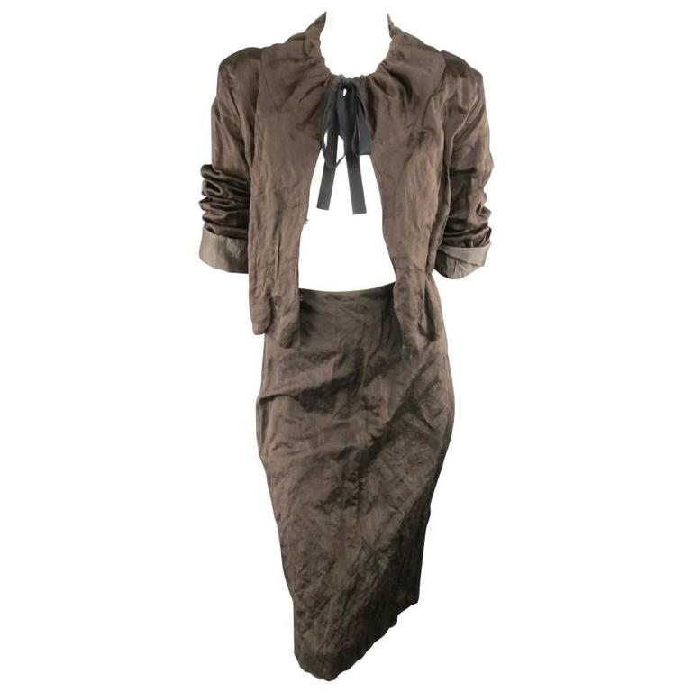 PRADA Spring 2009 8 Brown Wrinkled Cotton / Silk Blend Drawstring Skirt ...