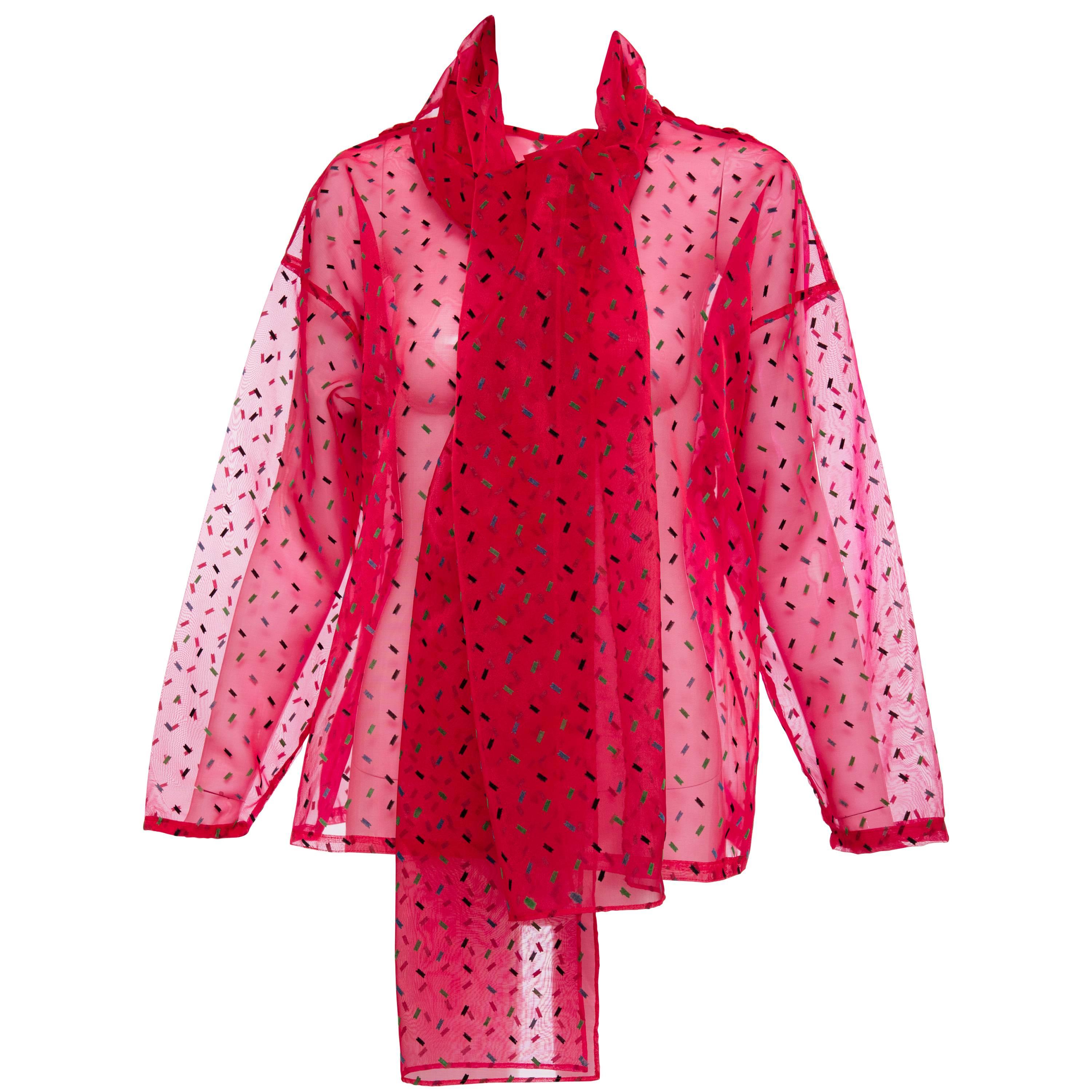 Kansai Yamamoto Red Sheer Silk Nylon Velvet Flecks Top and Scarf, Circa ...