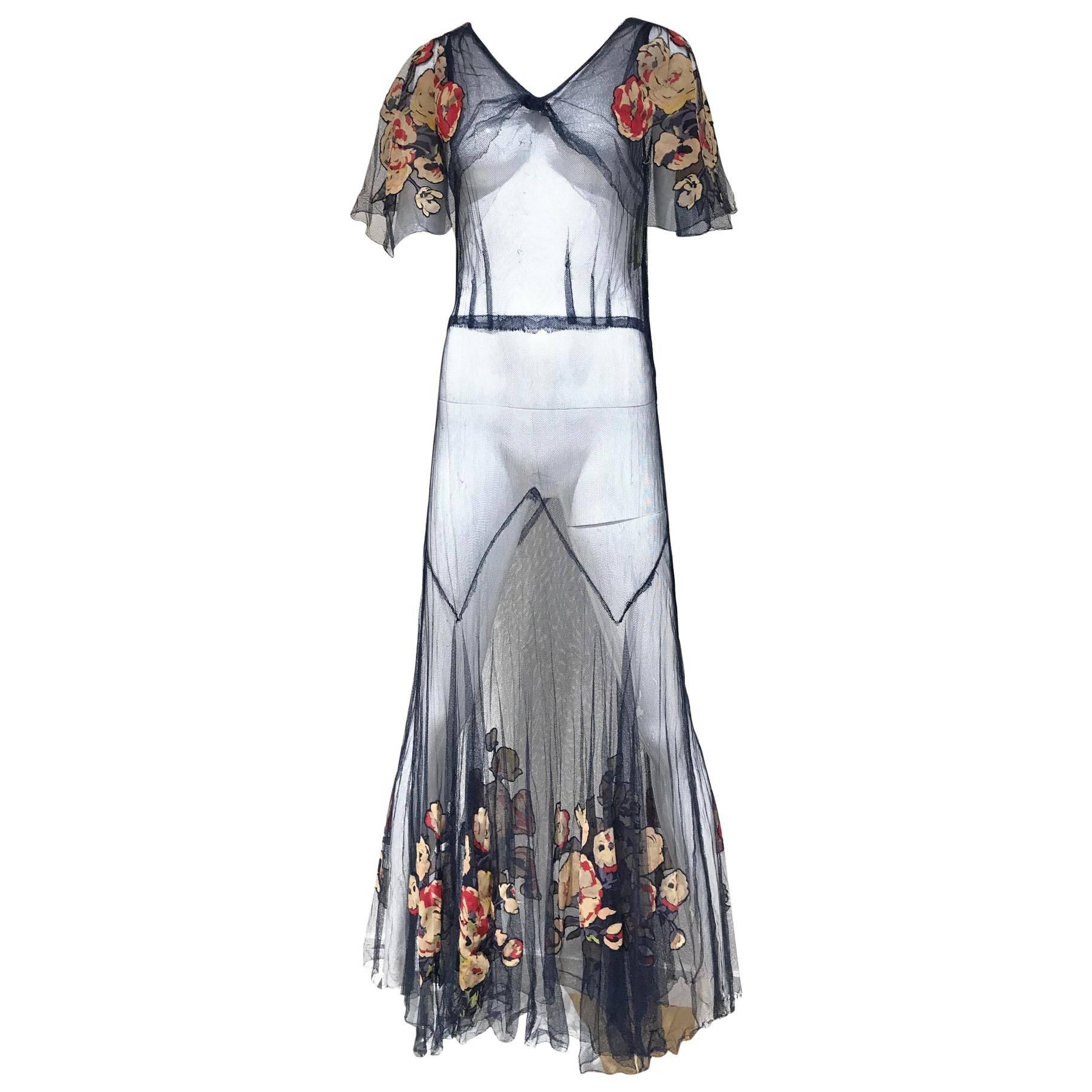 1930s blue net dress with silk applique at 1stDibs