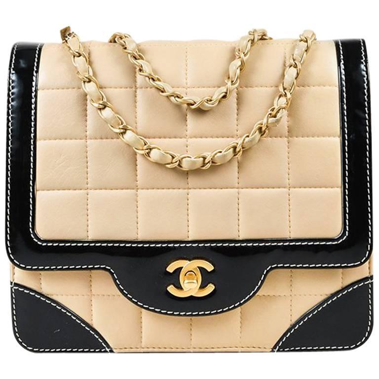 Chanel Beige Leather Black Patent Square Stitch Chain Link Bag For Sale ...