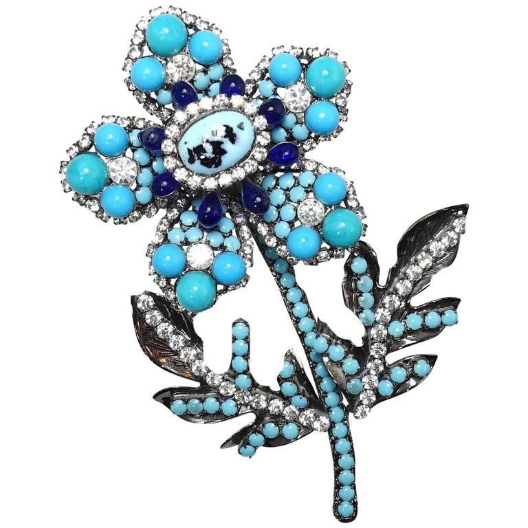 Lawrence Vrba Large Crystal and Turquoise 3D Floral Brooch at 1stDibs