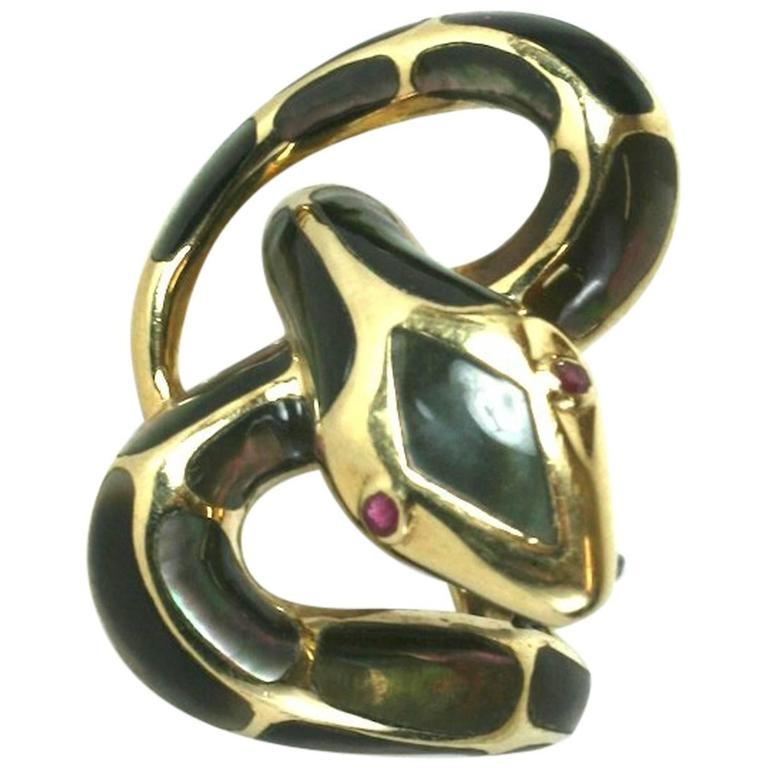 Unusual Mother of Pearl Inlaid Snake Ring at 1stDibs
