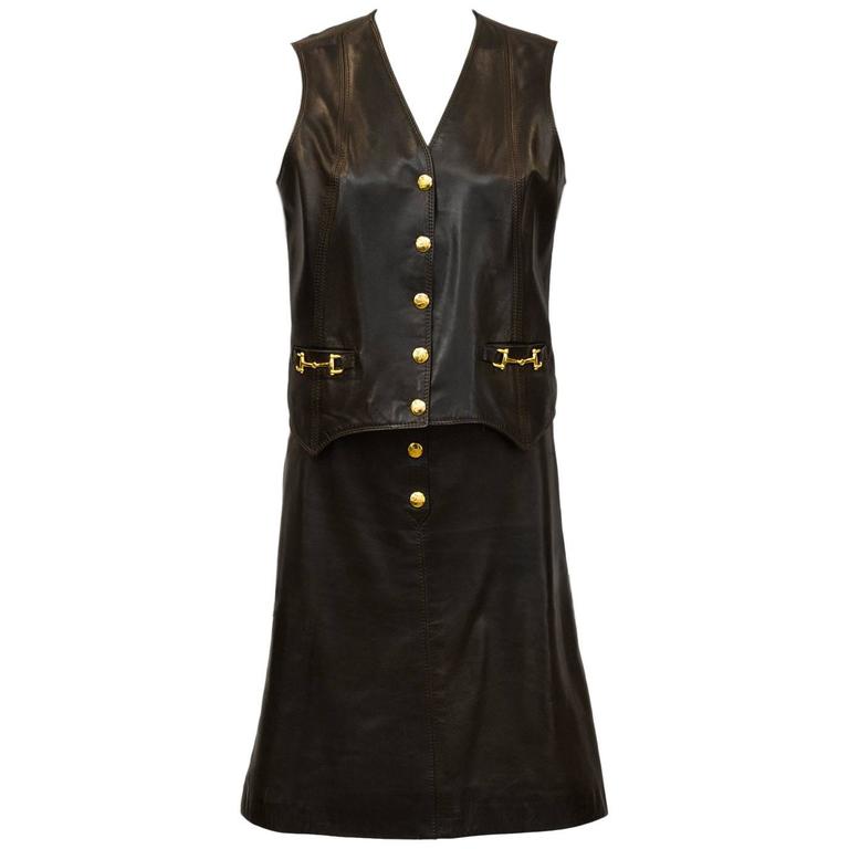 1970's Celine Brown Leather Vest and Skirt Ensemble at 1stDibs