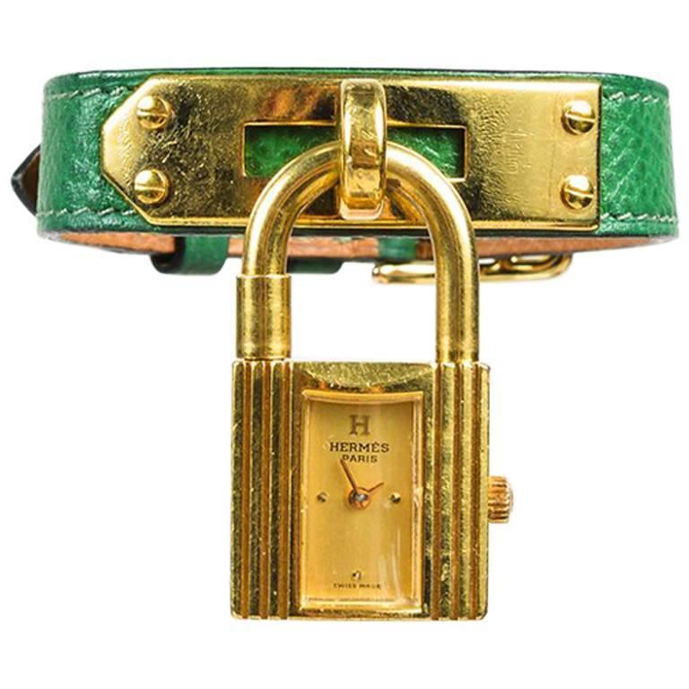 Hermes Vintage Vert Clair Leather GHW "Kelly PM" Watch For Sale at 1stDibs