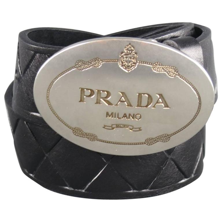 PRADA Size 42 Black Woven Leather Silver Oval Logo Buckle Belt at 1stDibs