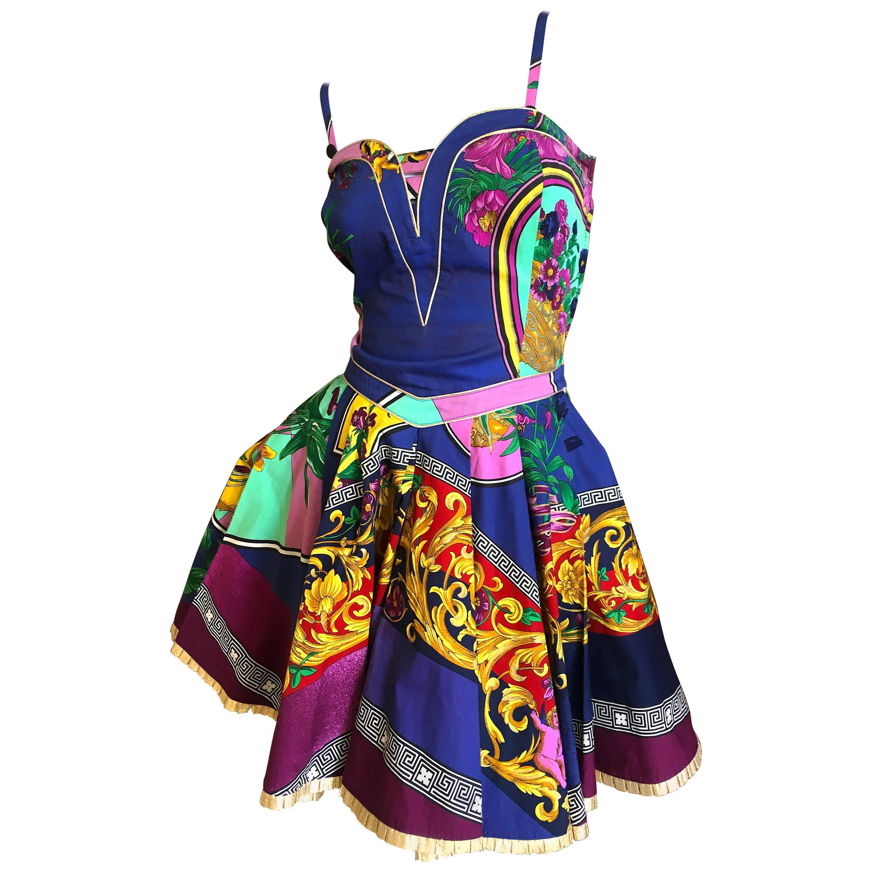 Versace Jeans Couture 1992 Barocco Pattern Cotton Dress with Gold Trim ...