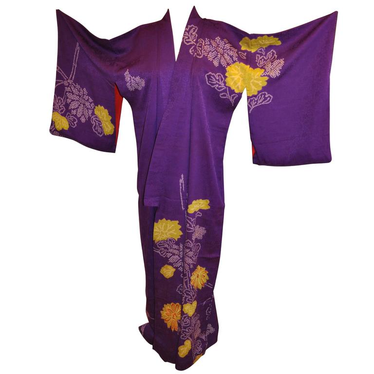 Floral Violet with Multi Hand-Embroidered Accents Silk Kimono at 1stDibs