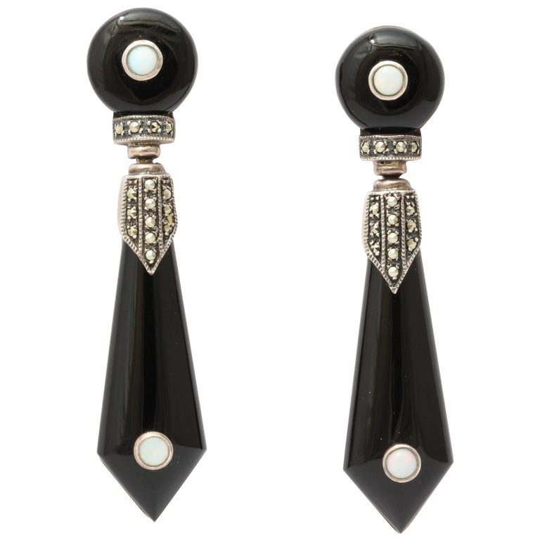 Sterling, Onyx and Opal Drop Earrings at 1stDibs