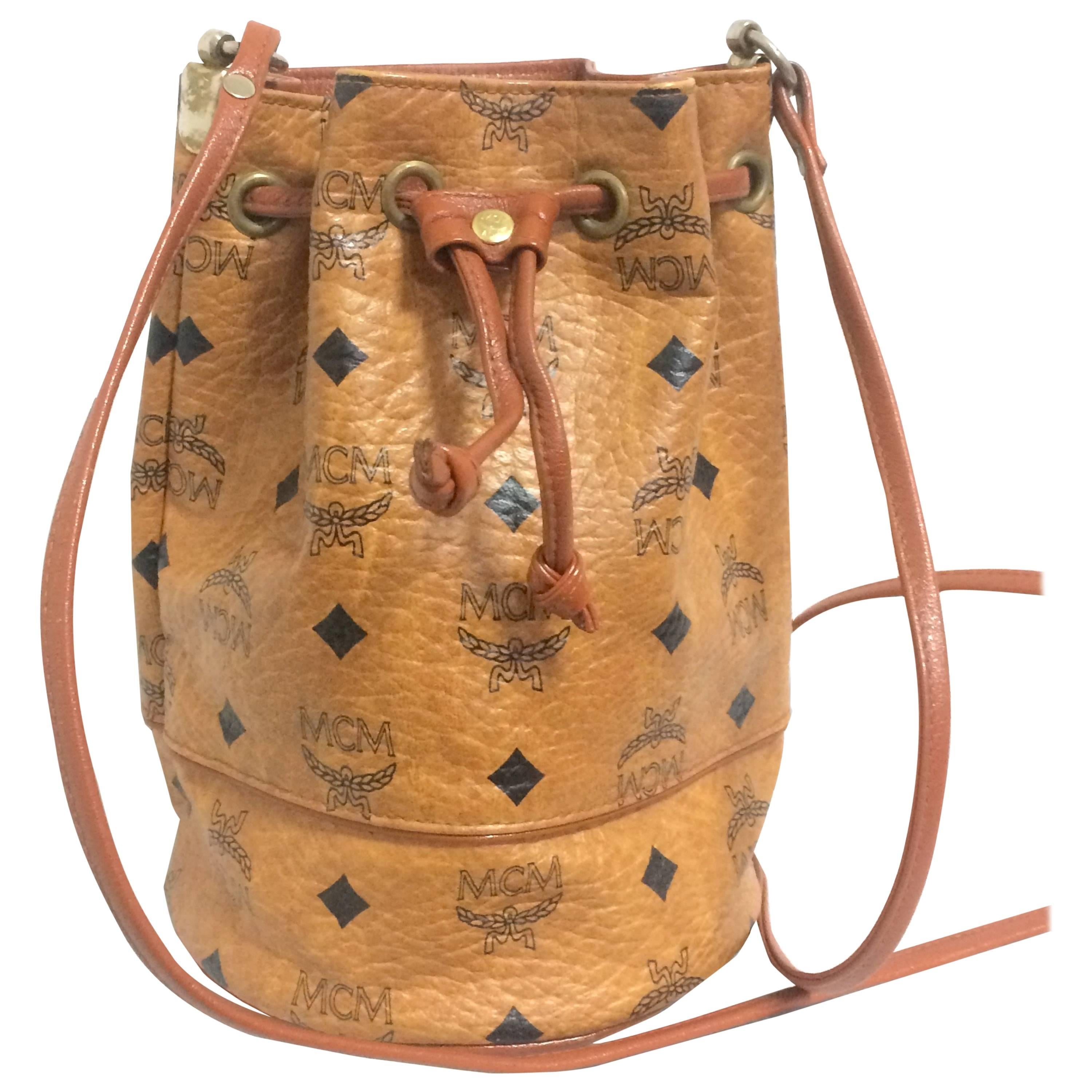Vintage MCM brown monogram small hobo bucket bag. mini purse. West ...