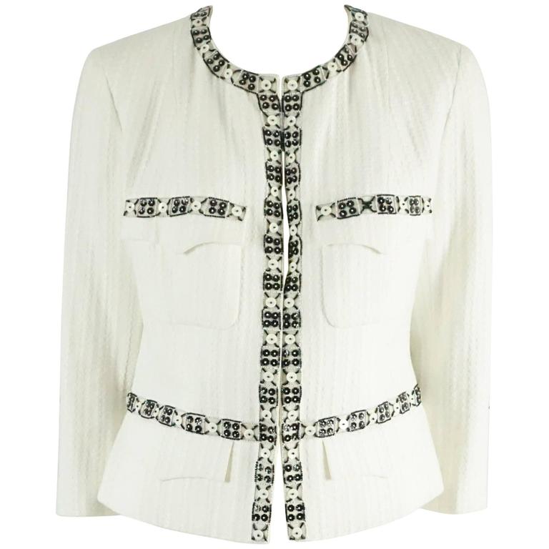 Chanel White Cotton Jacket with Black Beaded Trim, Size 46 at 1stDibs ...