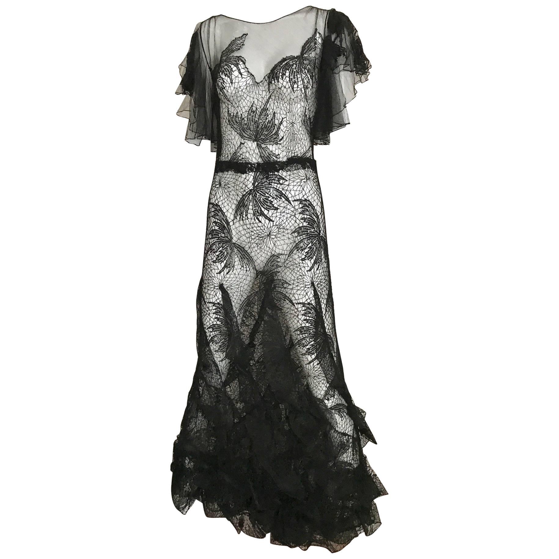 Black Lace Cobweb Gown with flutter sleeves, 1930s at 1stDibs | cobweb ...