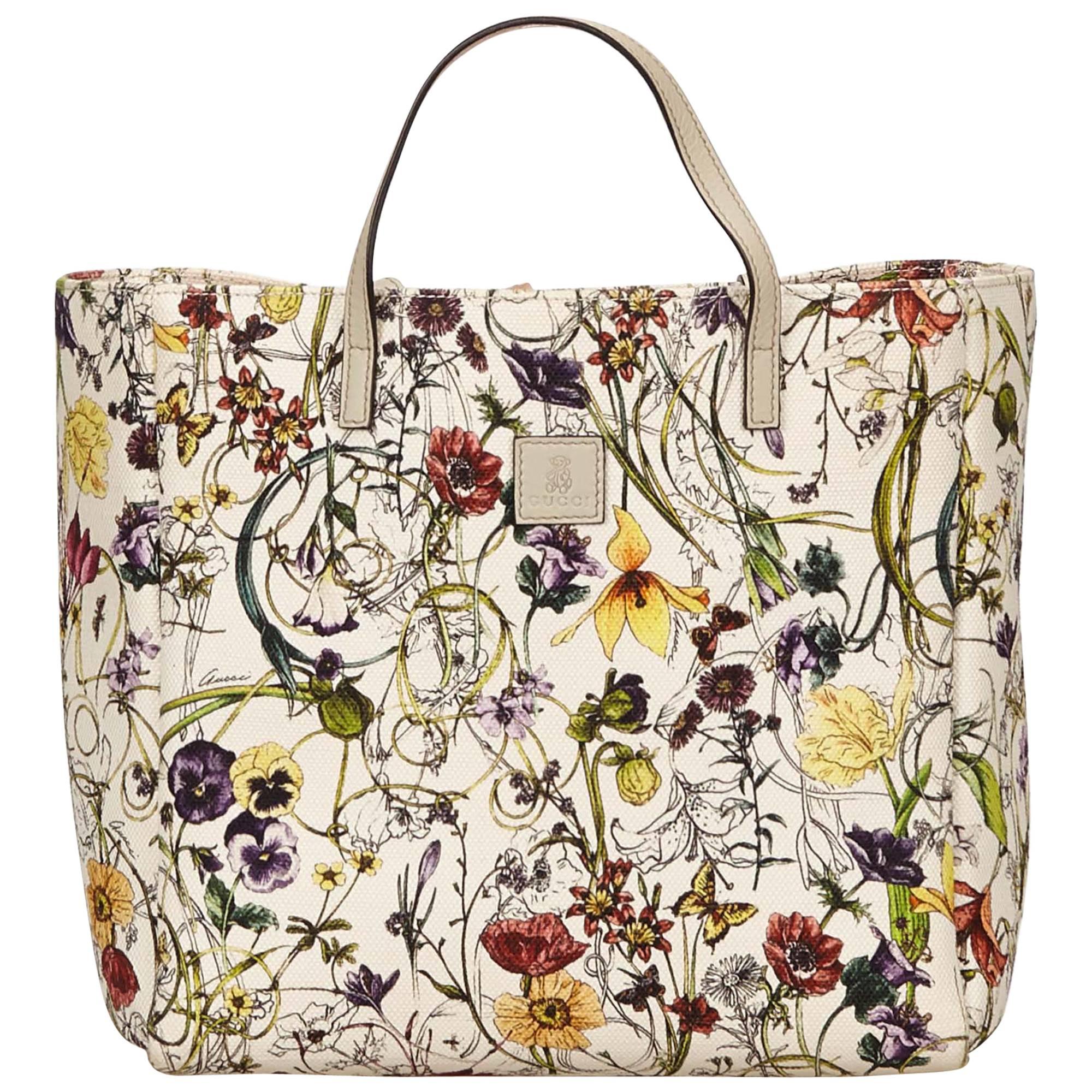 Gucci White with Multi Coloured Floral Printed Canvas Tote Bag at ...