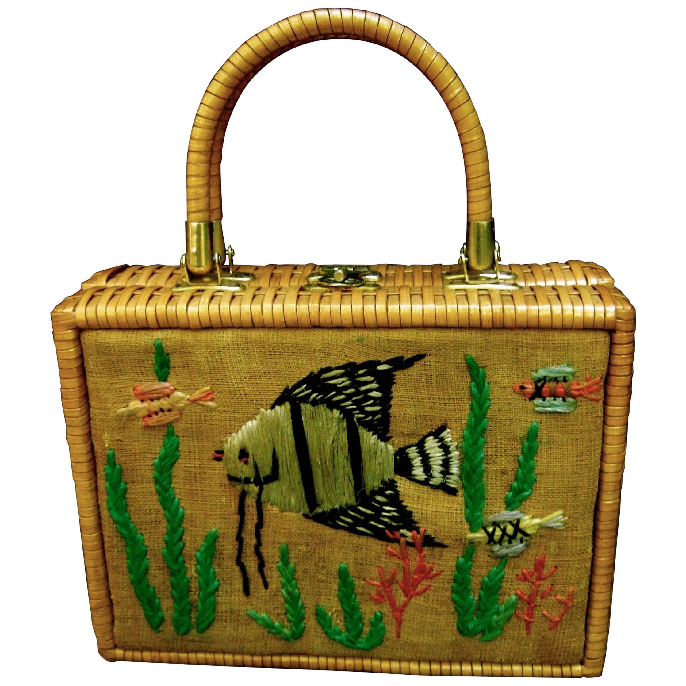 Whimsical Wicker Straw Embroidered Sea Life Handbag ca 1960 at 1stDibs