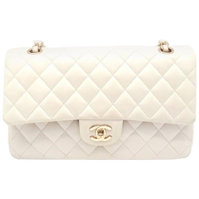 Chanel Classic Double Flap White Quilted Lambskin Leather Gold Metal ...