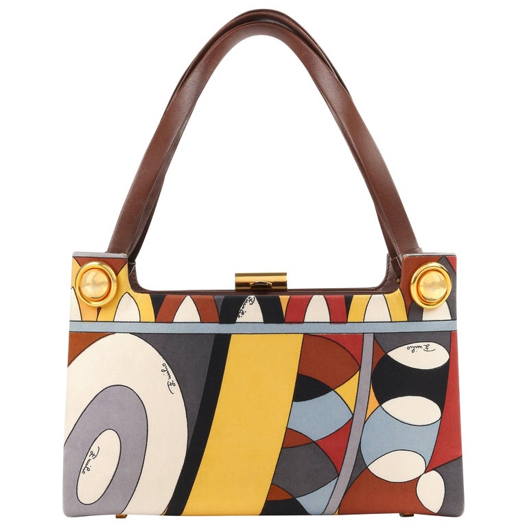 EMILIO PUCCI c.1970's Brown Multicolor Signature Print Silk and Leather ...