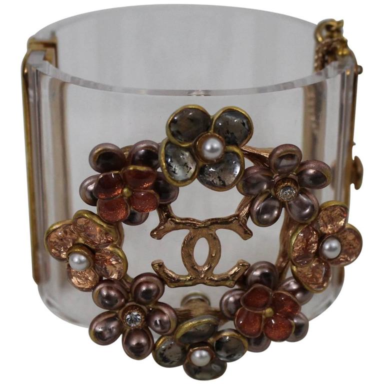 Chanel Plexi Cuff with Double CC and Flowers Deco. Diameter 2,2 inches ...
