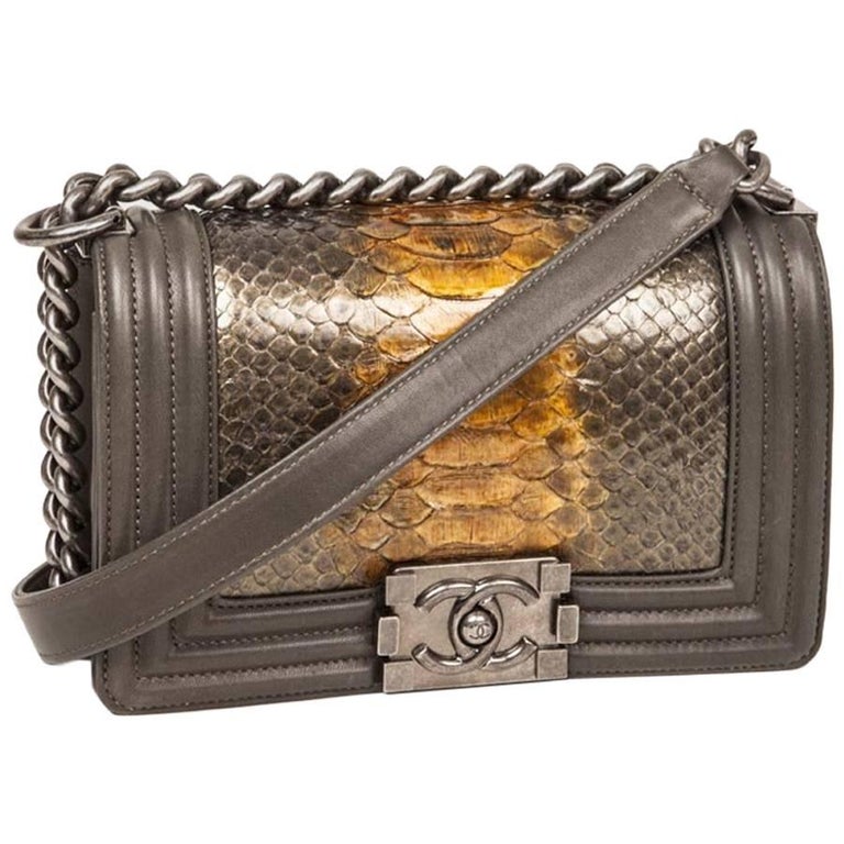 CHANEL 'Boy' Flap Bag in Kaki Lamb Leather and Green Bronze Python For ...