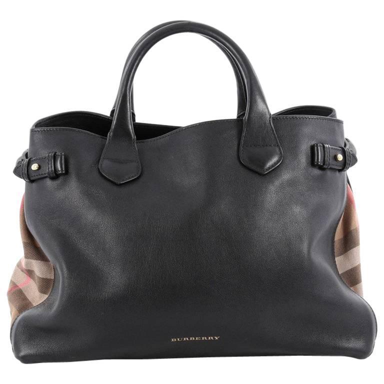 Burberry Banner Convertible Tote Leather and House Check Canvas Medium ...