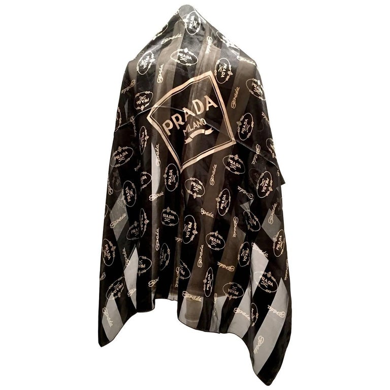 Vintage Prada Milano Logo Stripled Black and Gold Silk Chiffon Scarf at ...