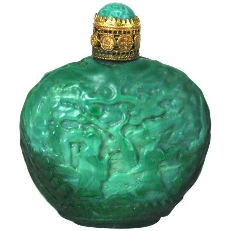 Bohemian Czech Art Deco Malachite Glass Scent Bottle For Sale at ...