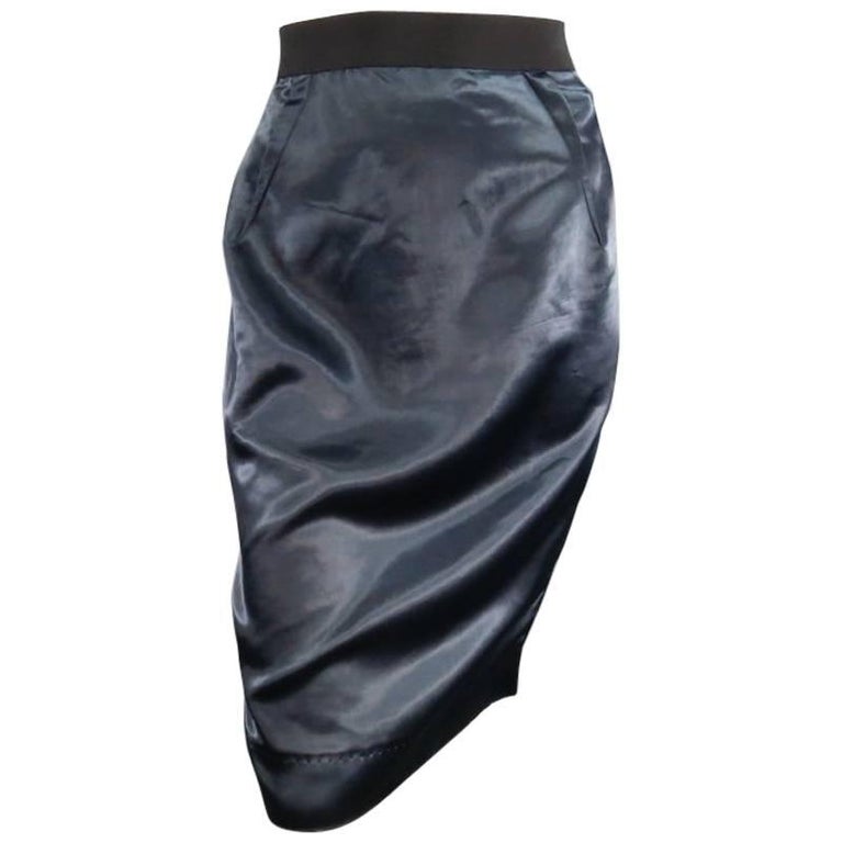 LANVIN Size 8 Navy Structured Satin Exposed Back Zip Pencil Skirt at ...