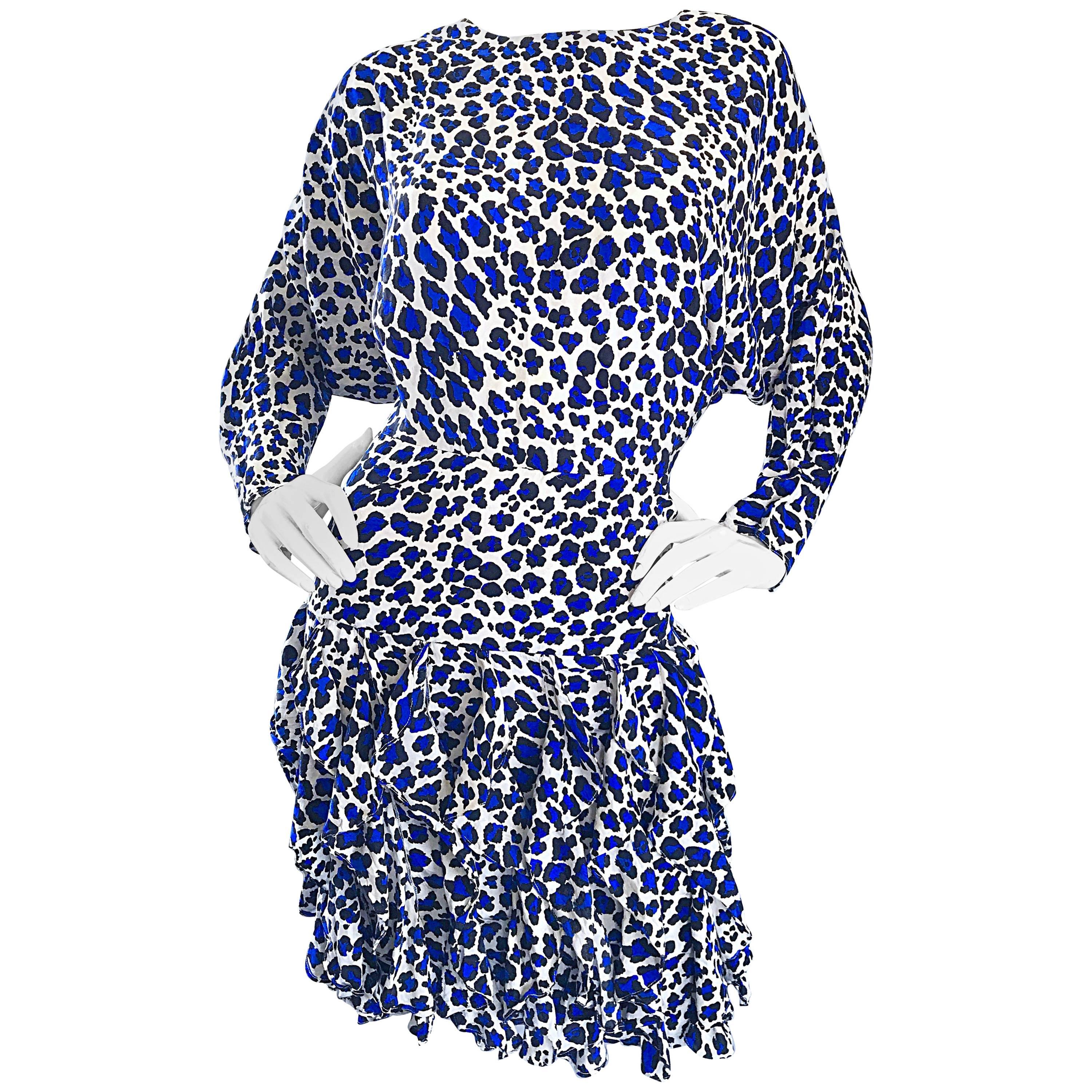 Vintage Christian Dior 1980s Blue Leopard Print Silk Dolman Sleeve 80s ...