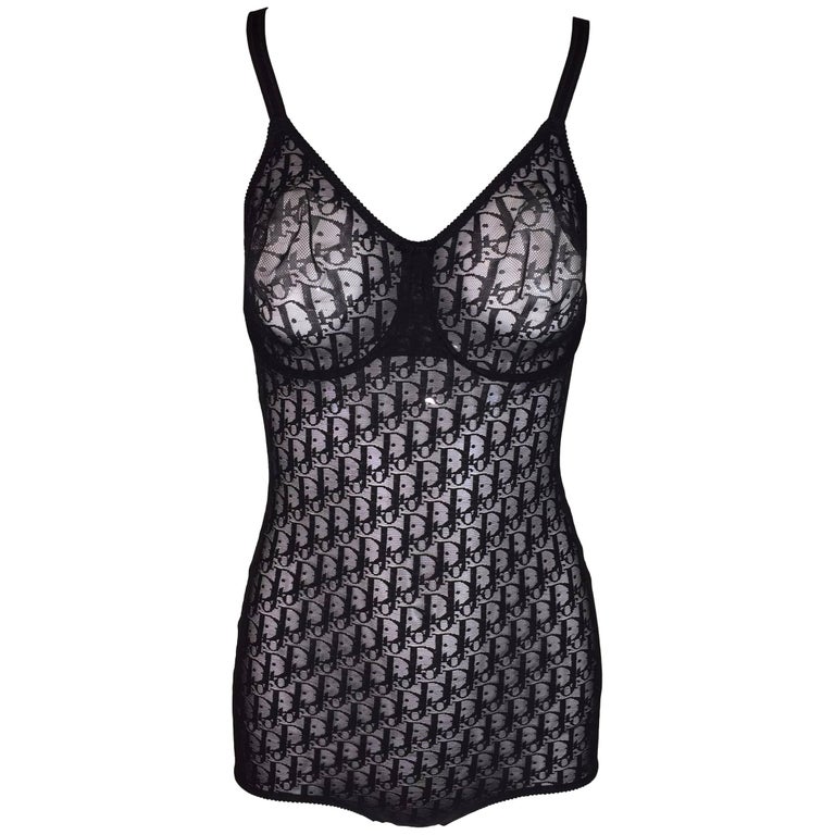 1990's Christian Dior Black Mesh Monogram Sheer Bodysuit Top 38B- XS/S ...